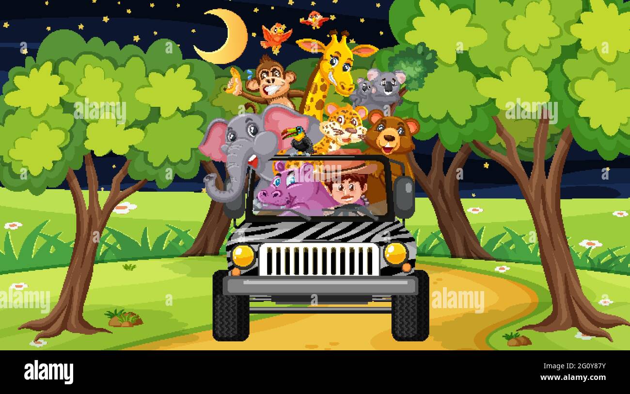Zoo concept with wild animal group in the jeep car illustration Stock ...