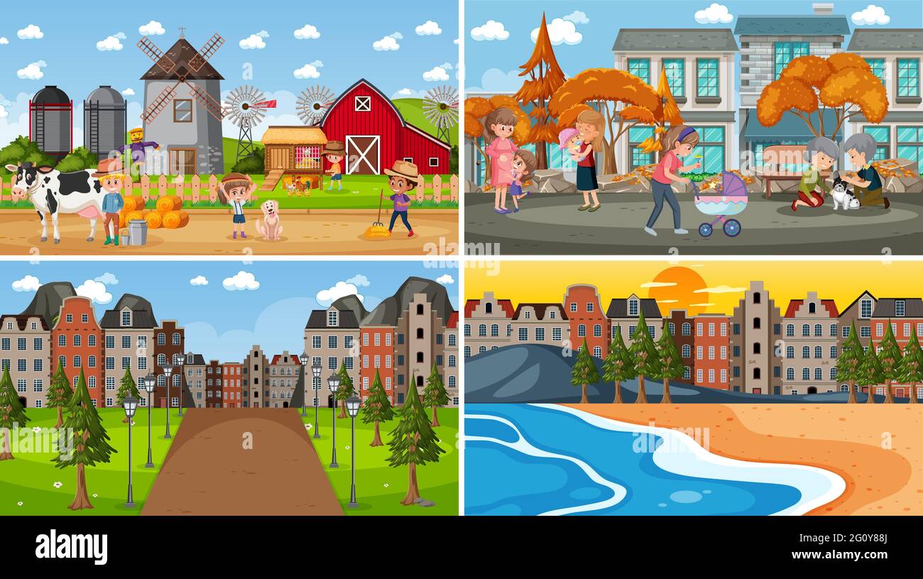 Set of different nature scenes cartoon style illustration Stock Vector ...