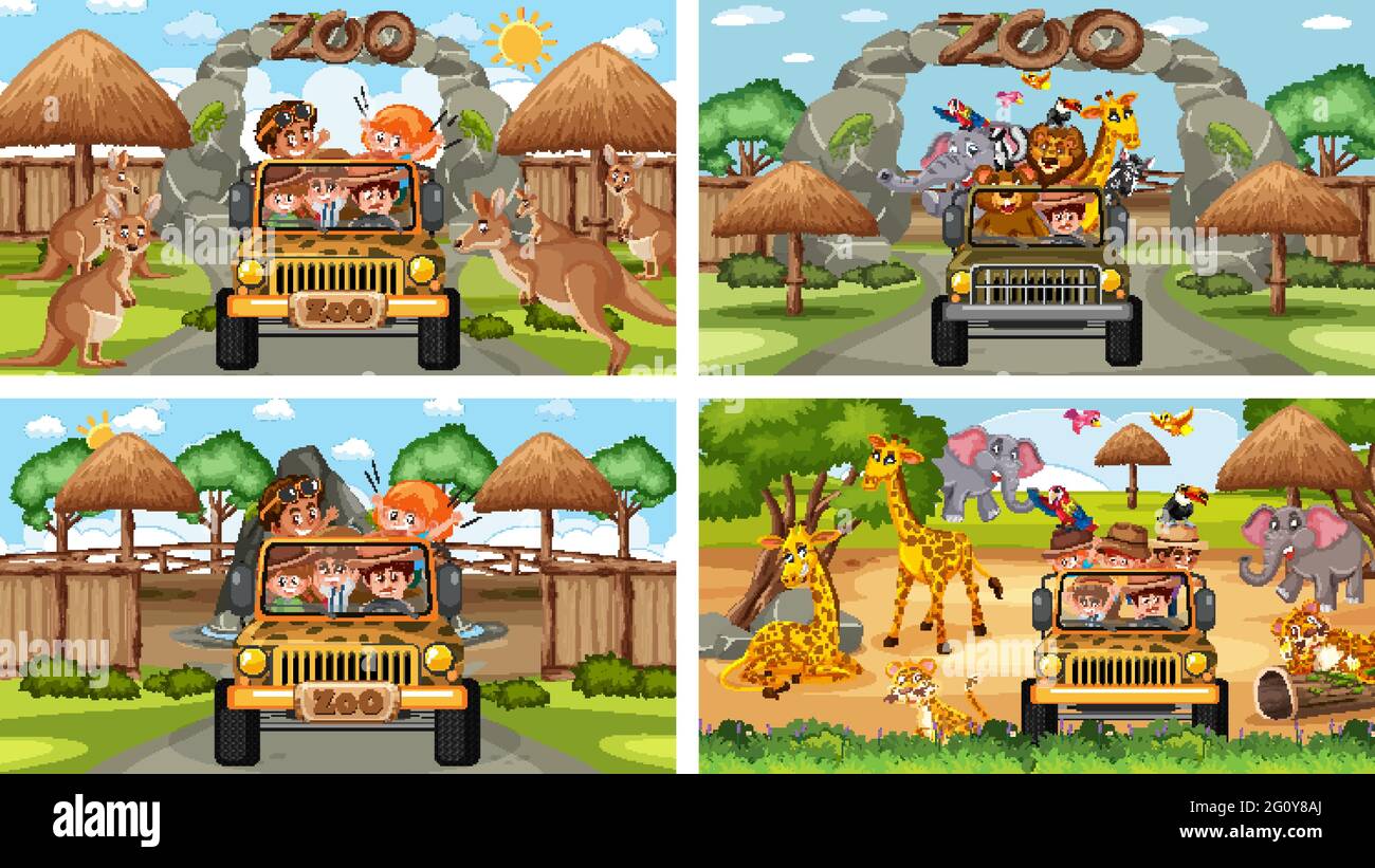 Four different zoo scenes with kids and animals illustration Stock ...