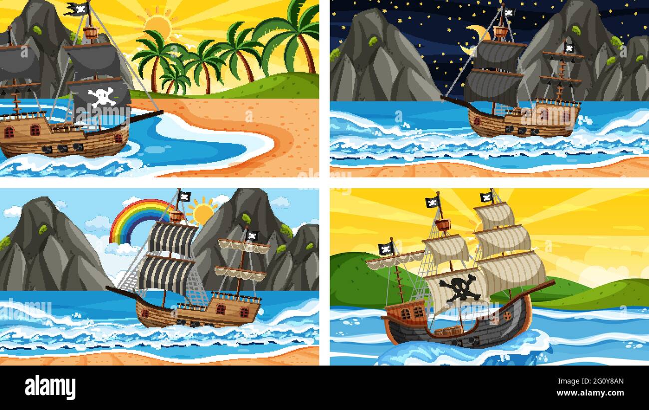 Set of Ocean with Pirate ship at different times scenes in cartoon ...