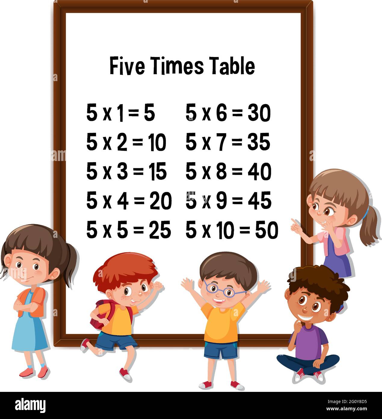 Five Times Table with many kids cartoon character illustration Stock ...