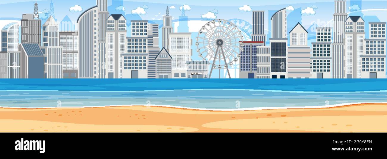 Beach horizontal scene at day time with city background illustration ...