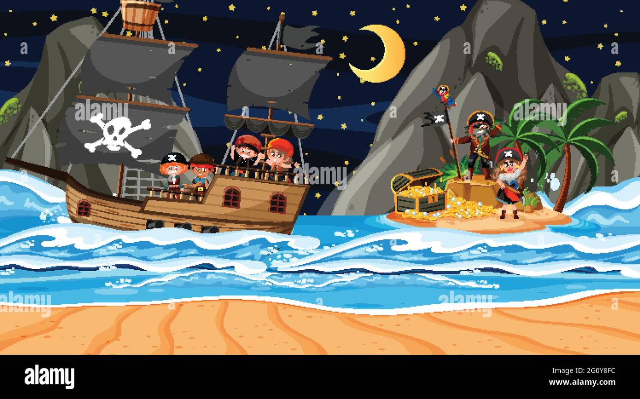 Treasure Island scene at night with Pirate kids on the ship ...