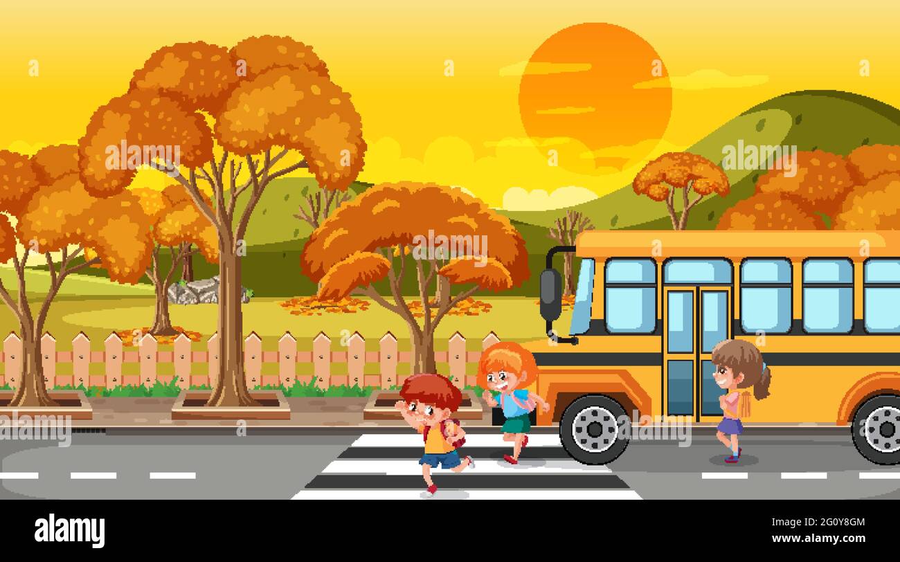 Autumn season scene with many kids getting off from the school bus ...