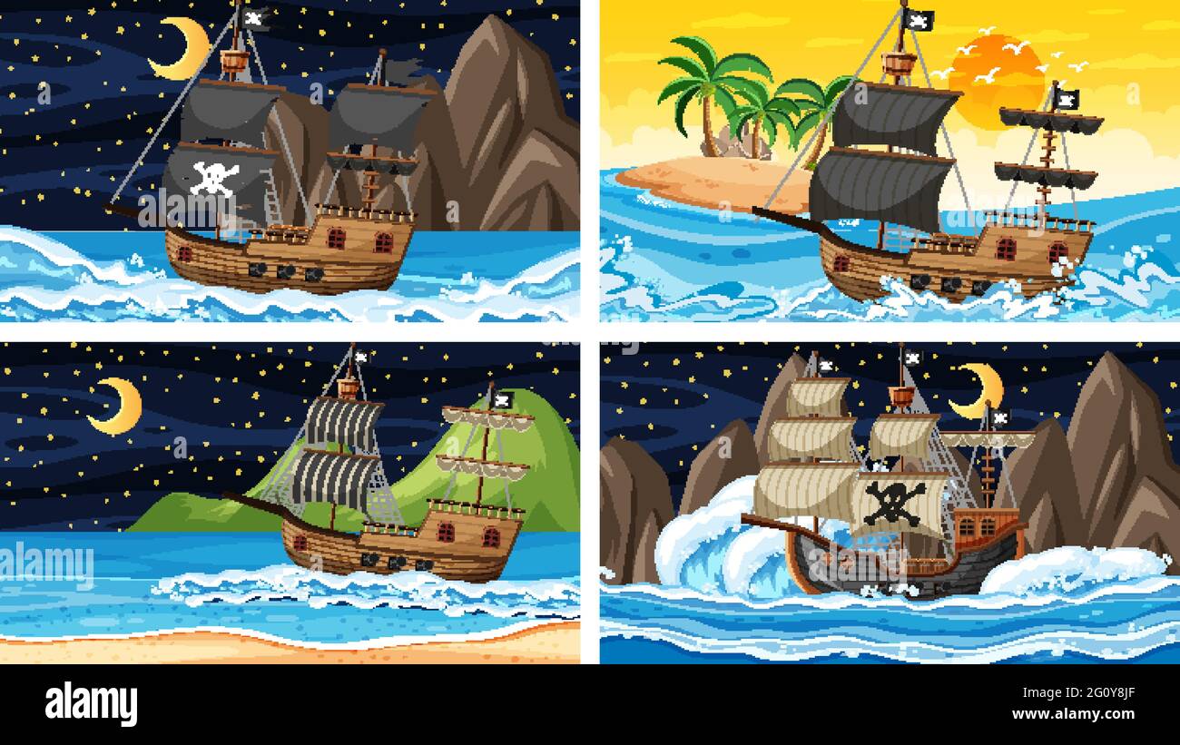 Set of Ocean with Pirate ship at different times scenes in cartoon ...