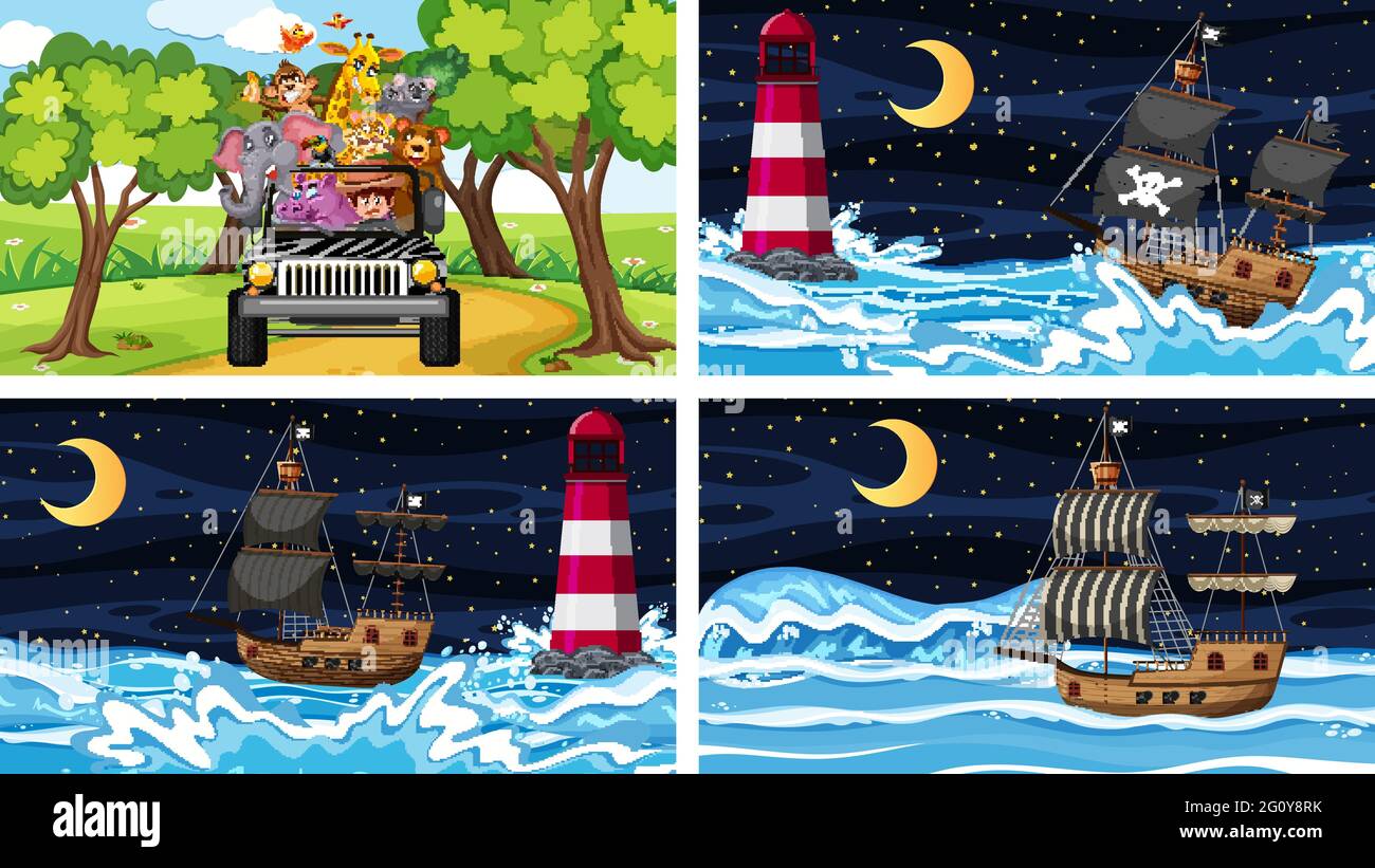 Set of different scenes with animals in the zoo and pirate ship at the ...