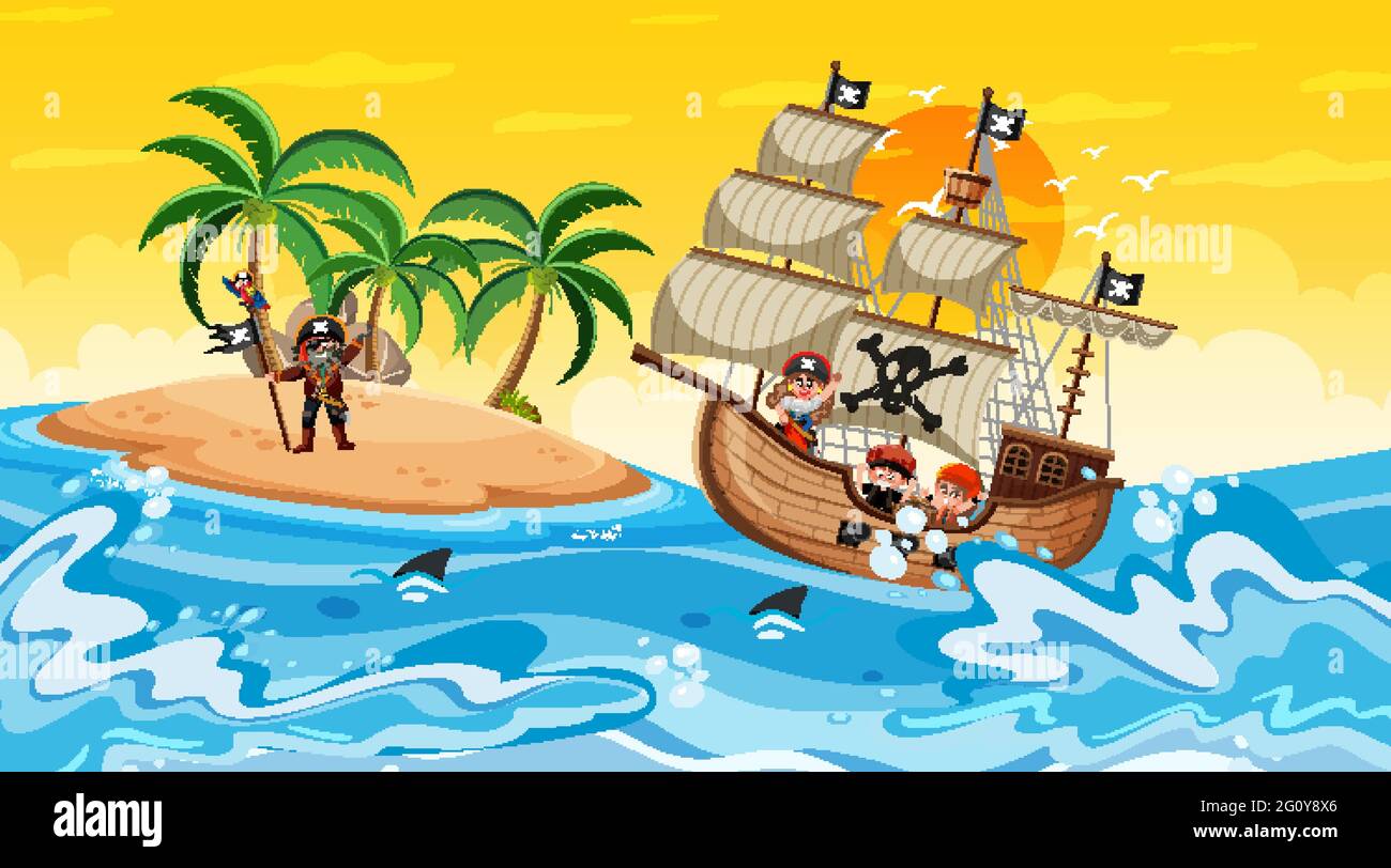 Ocean with Pirate ship at sunset scene in cartoon style illustration ...