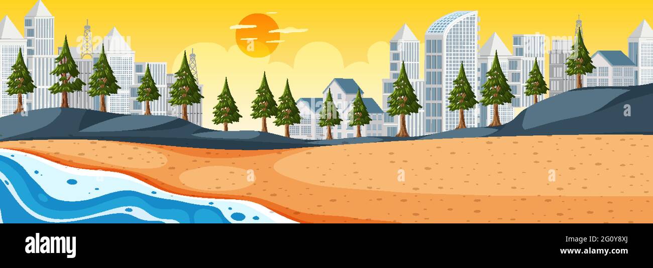 Beach horizontal scene at sunset time with cityscape background ...