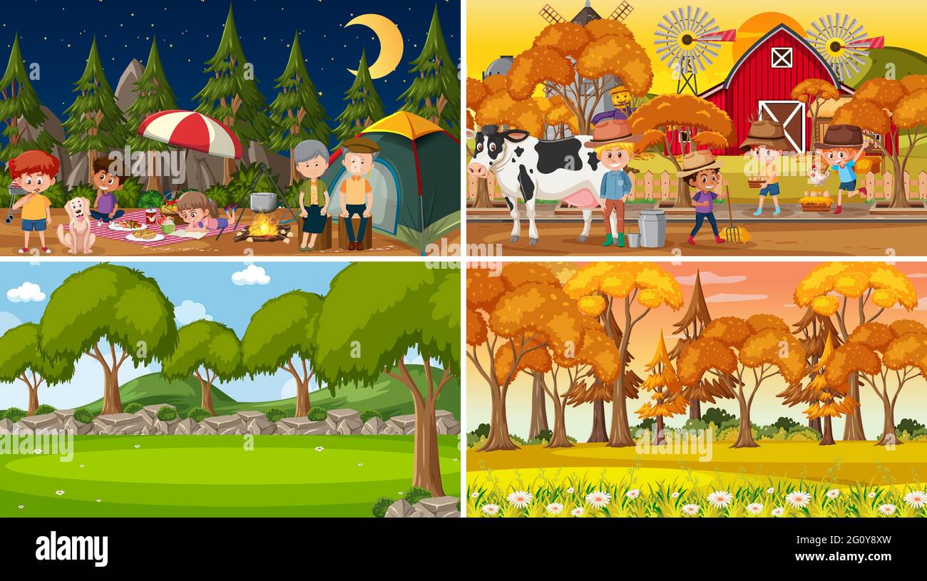Set of different nature scenes cartoon style illustration Stock Vector ...