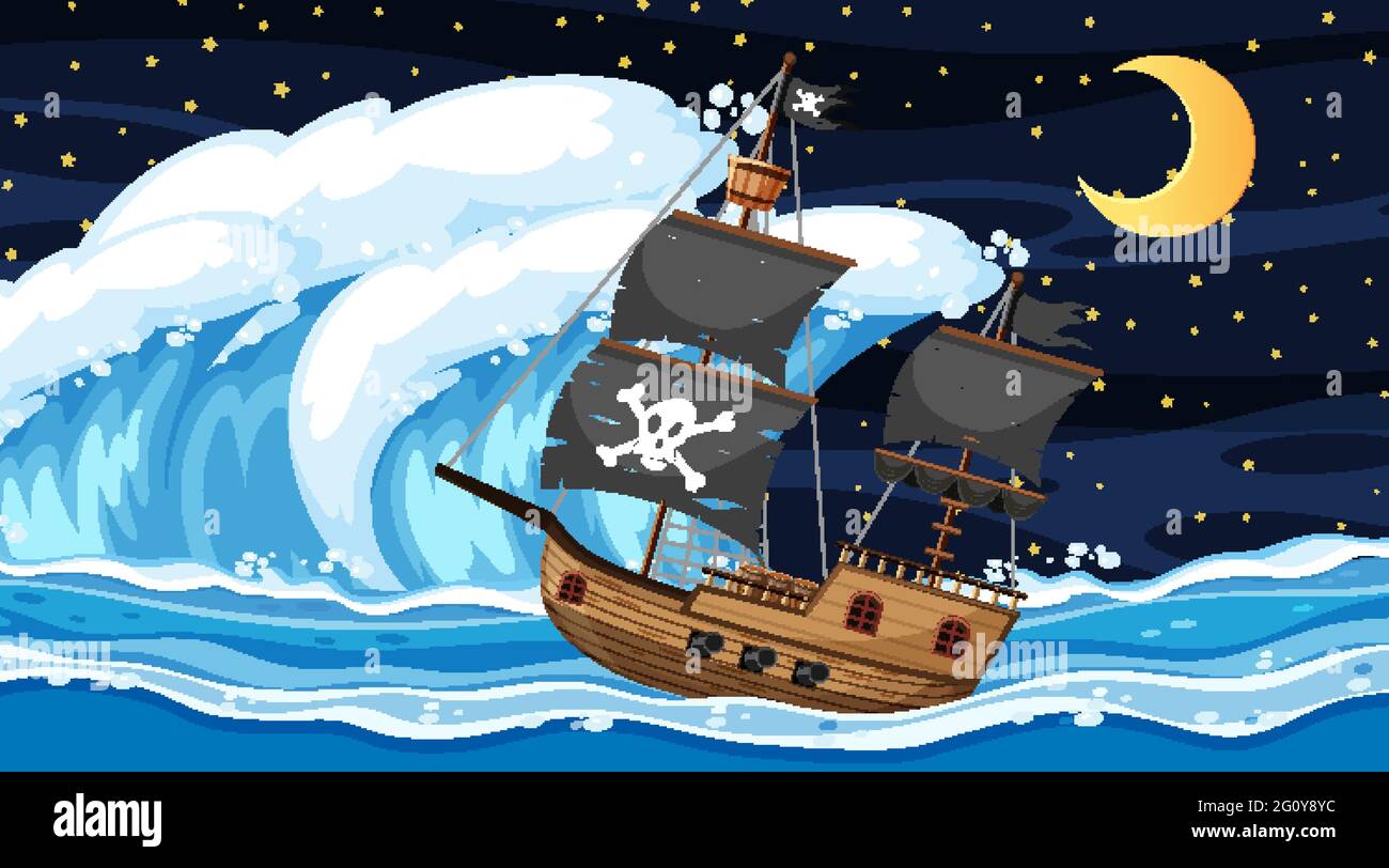 Ocean with Pirate ship at night scene in cartoon style illustration ...