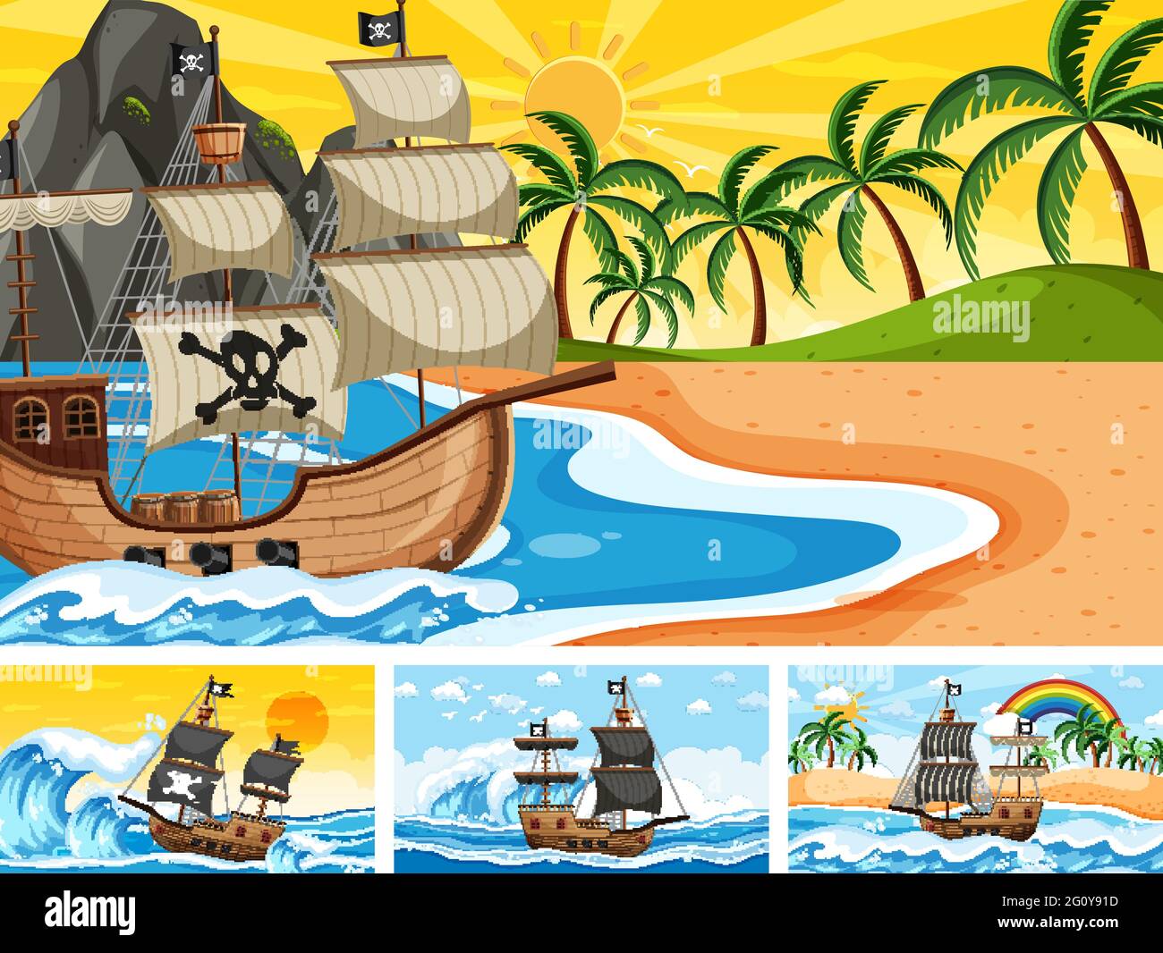Set of Ocean with Pirate ship at different times scenes in cartoon ...