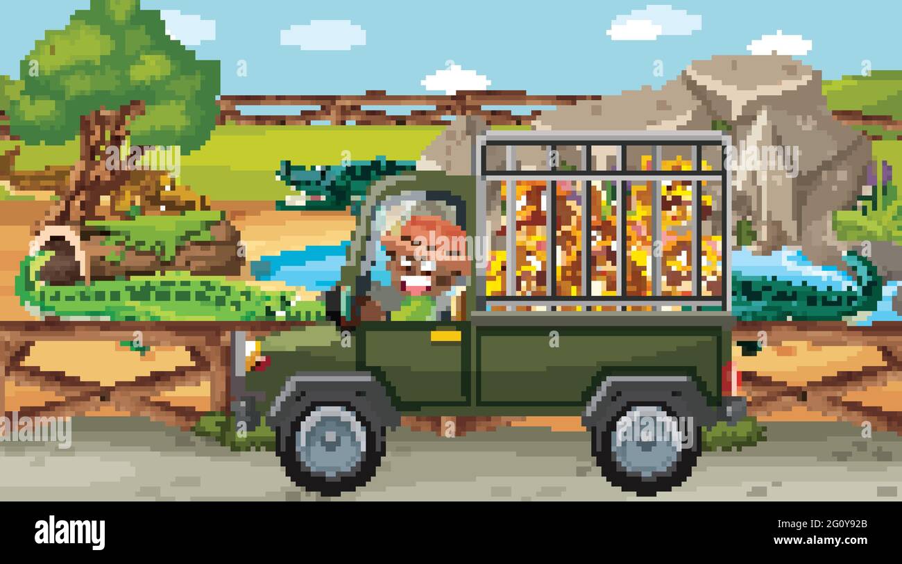 Safari scene with many leopards in cage car illustration Stock Vector ...