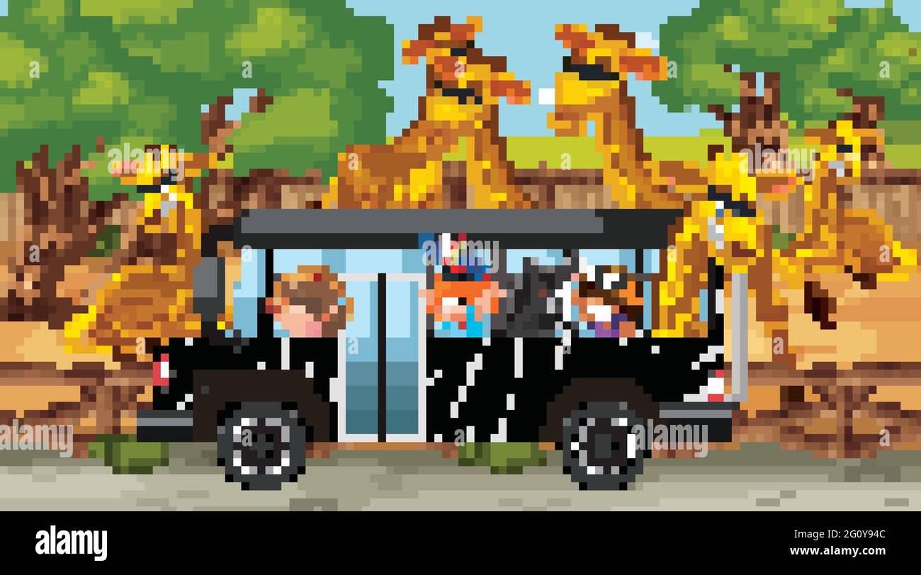 Safari scene with many giraffes and kids on tourist bus illustration ...