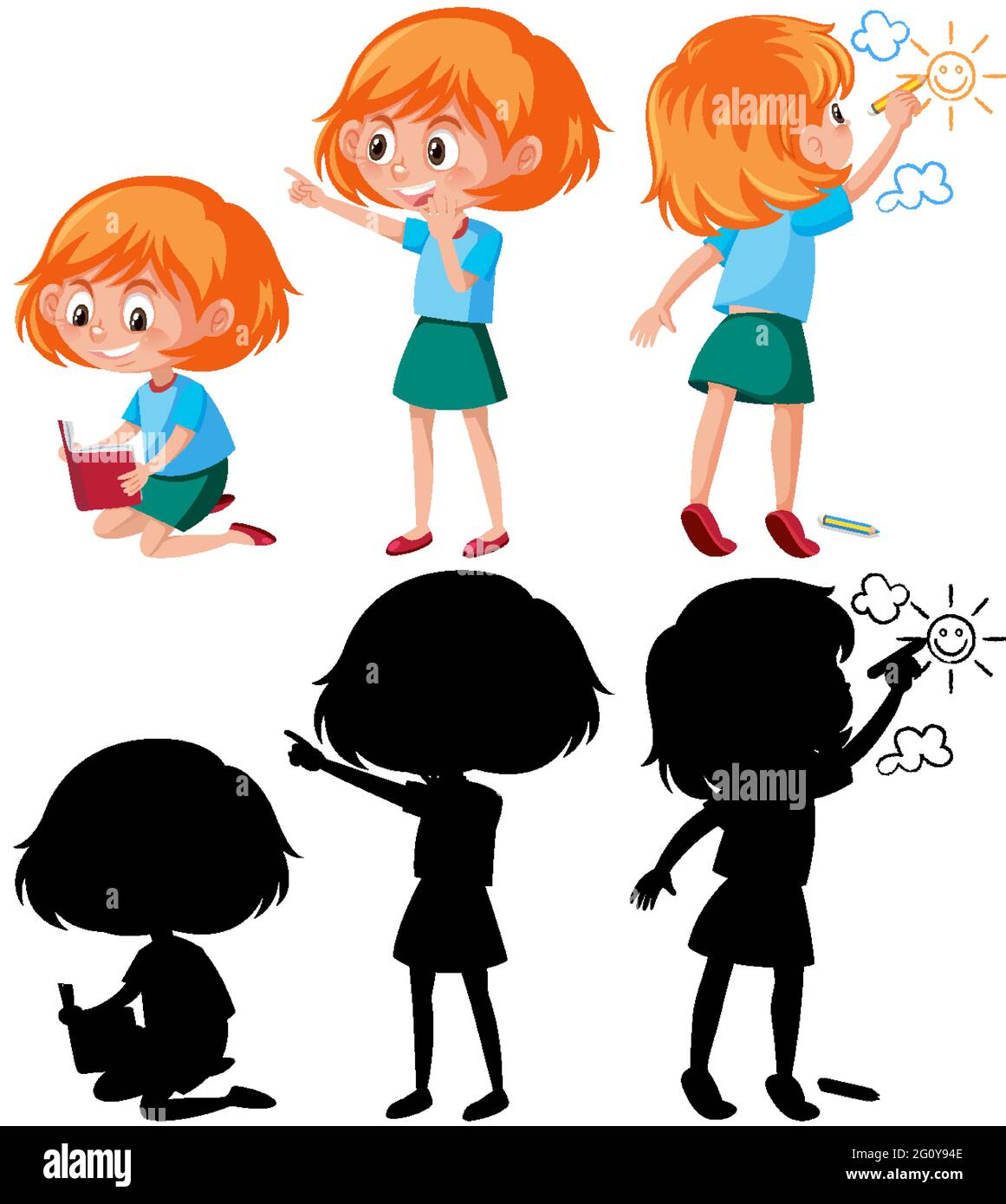 Set of a girl cartoon character in different positions with its ...