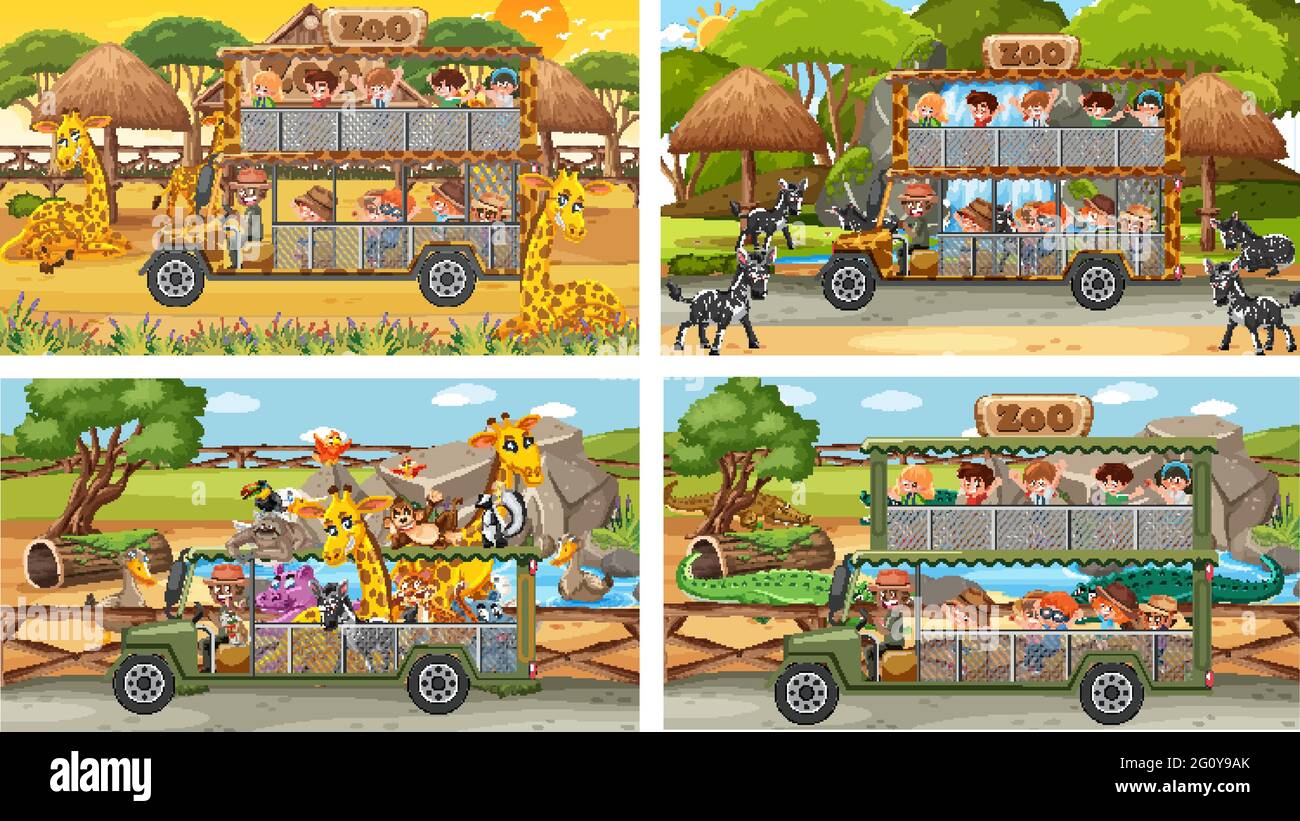 Set of different safari scenes with animals and kids cartoon character ...