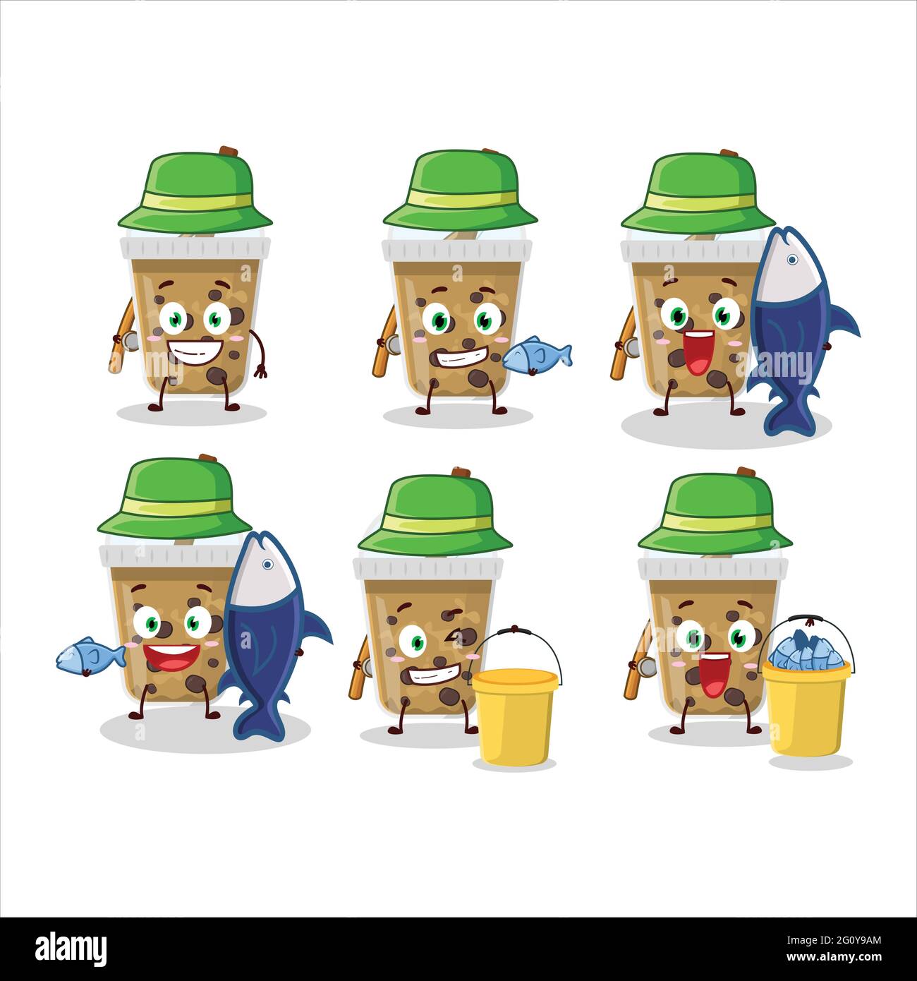 A fisherman chocolate coffee with boba cartoon picture catch a big fish ...