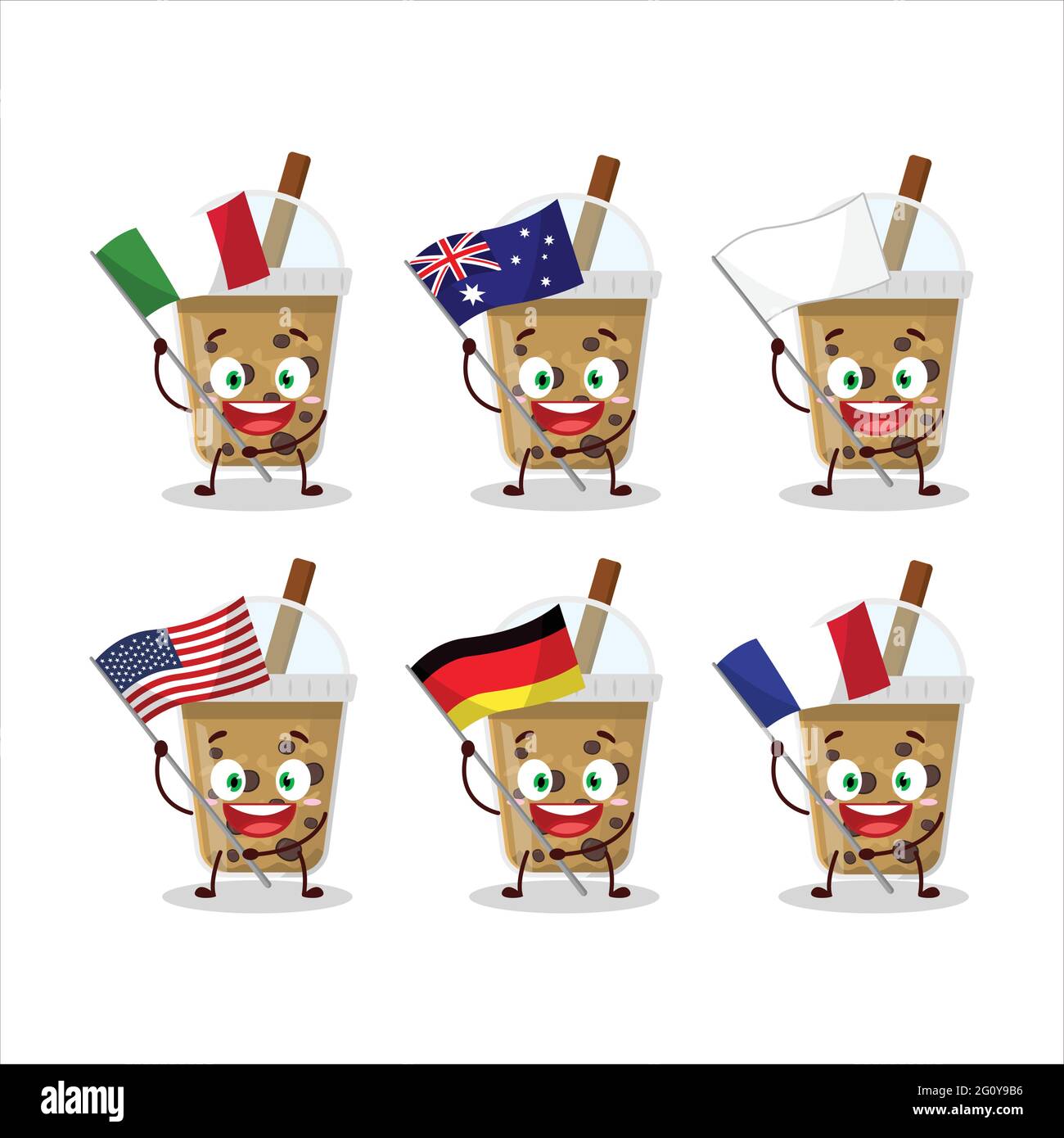 Chocolate coffee with boba cartoon character bring the flags of various ...