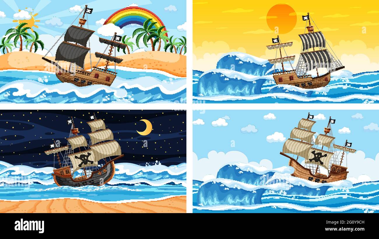 Set of Ocean with Pirate ship at different times scenes in cartoon ...