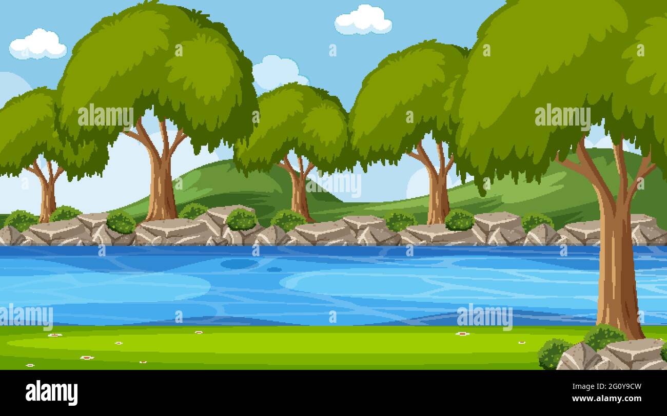 Empty nature park landscape scene with river illustration Stock Vector ...