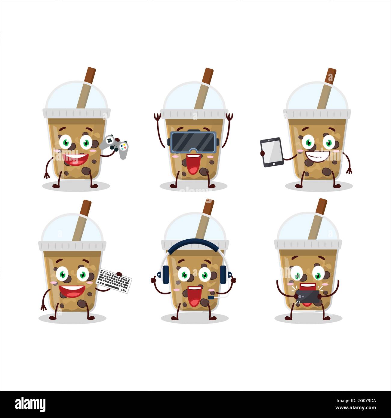 Chocolate coffee with boba cartoon character are playing games with ...