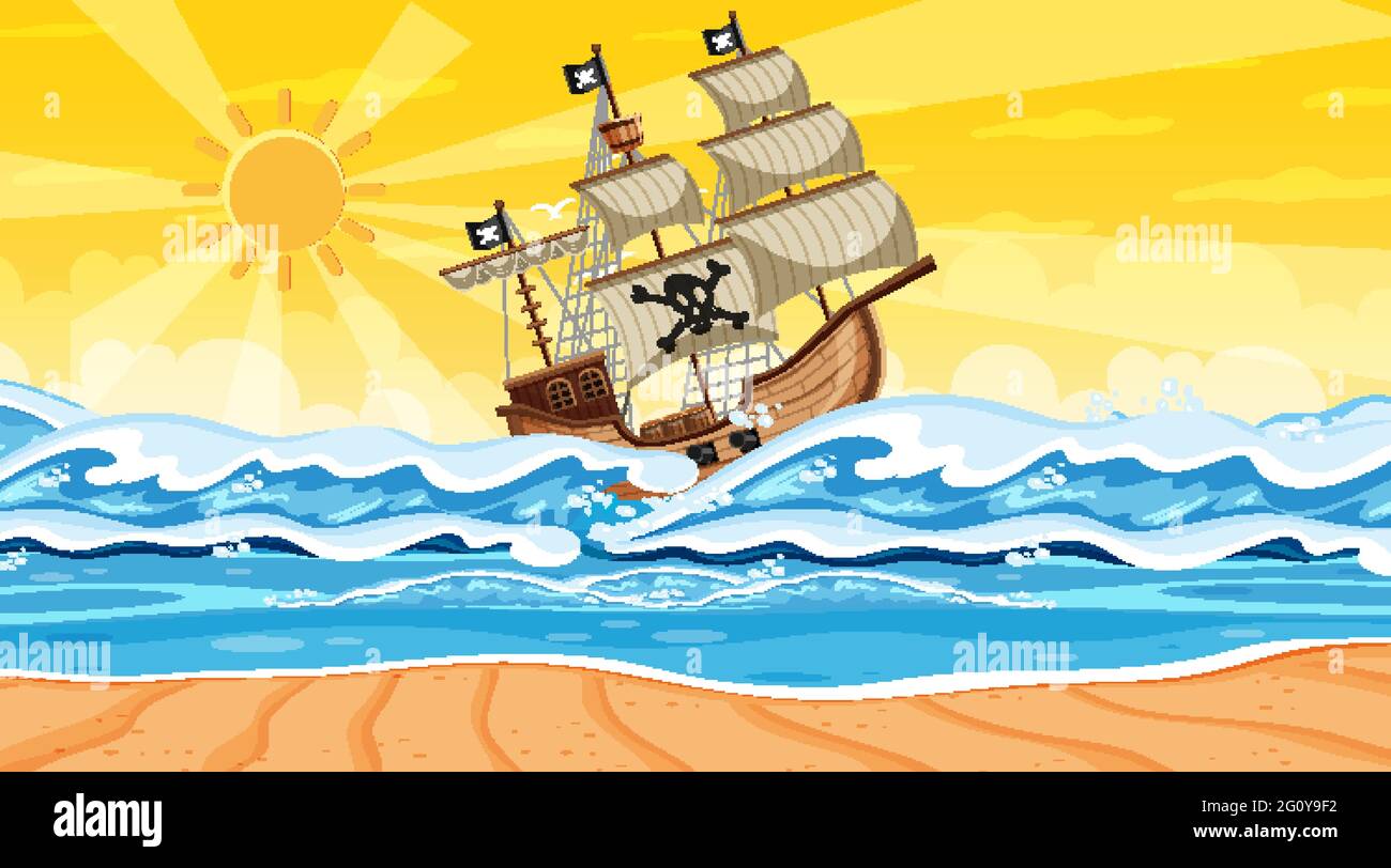 Beach scene at sunset time with Pirate ship in cartoon style ...