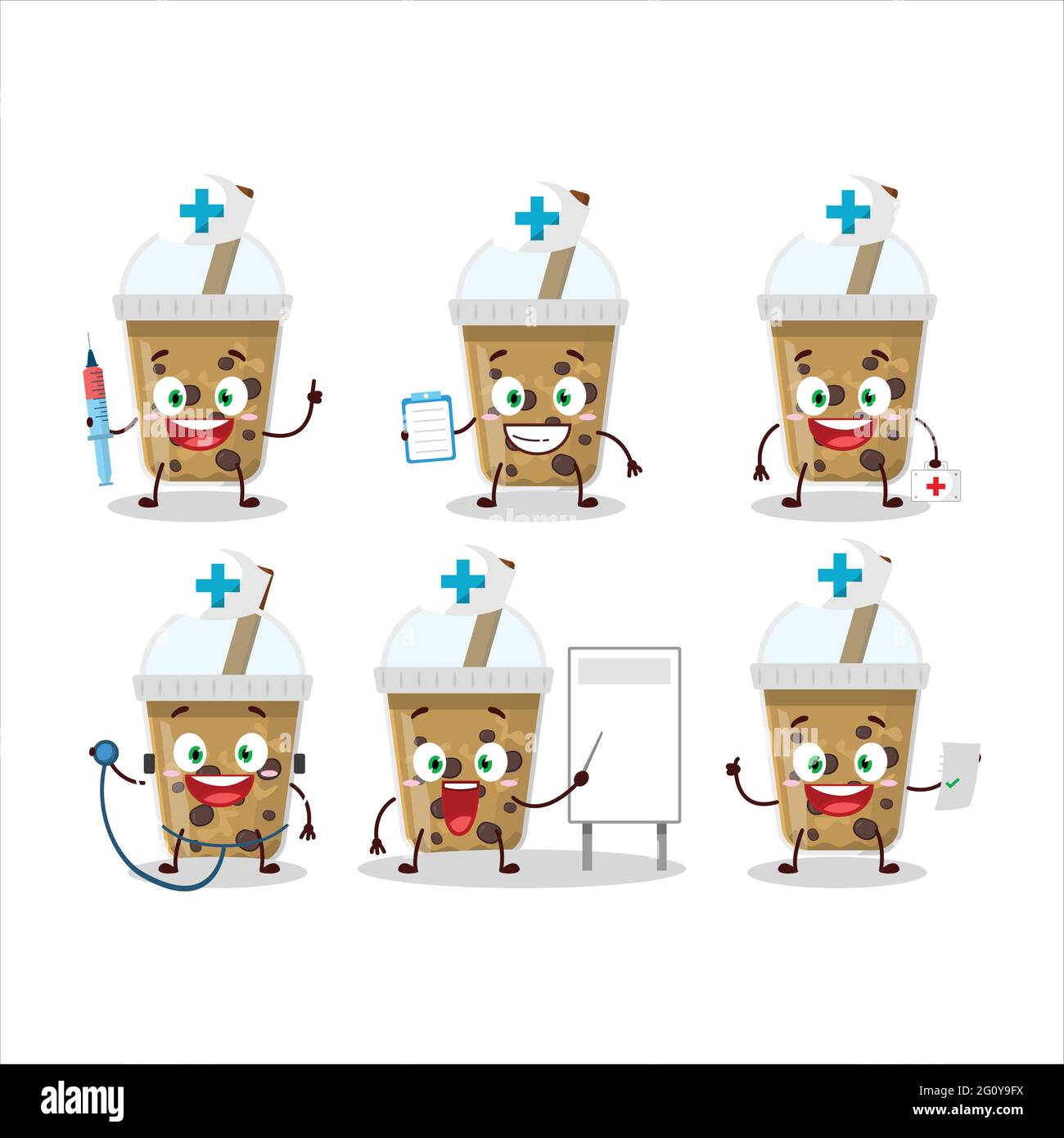 Doctor profession emoticon with chocolate coffee with boba cartoon ...