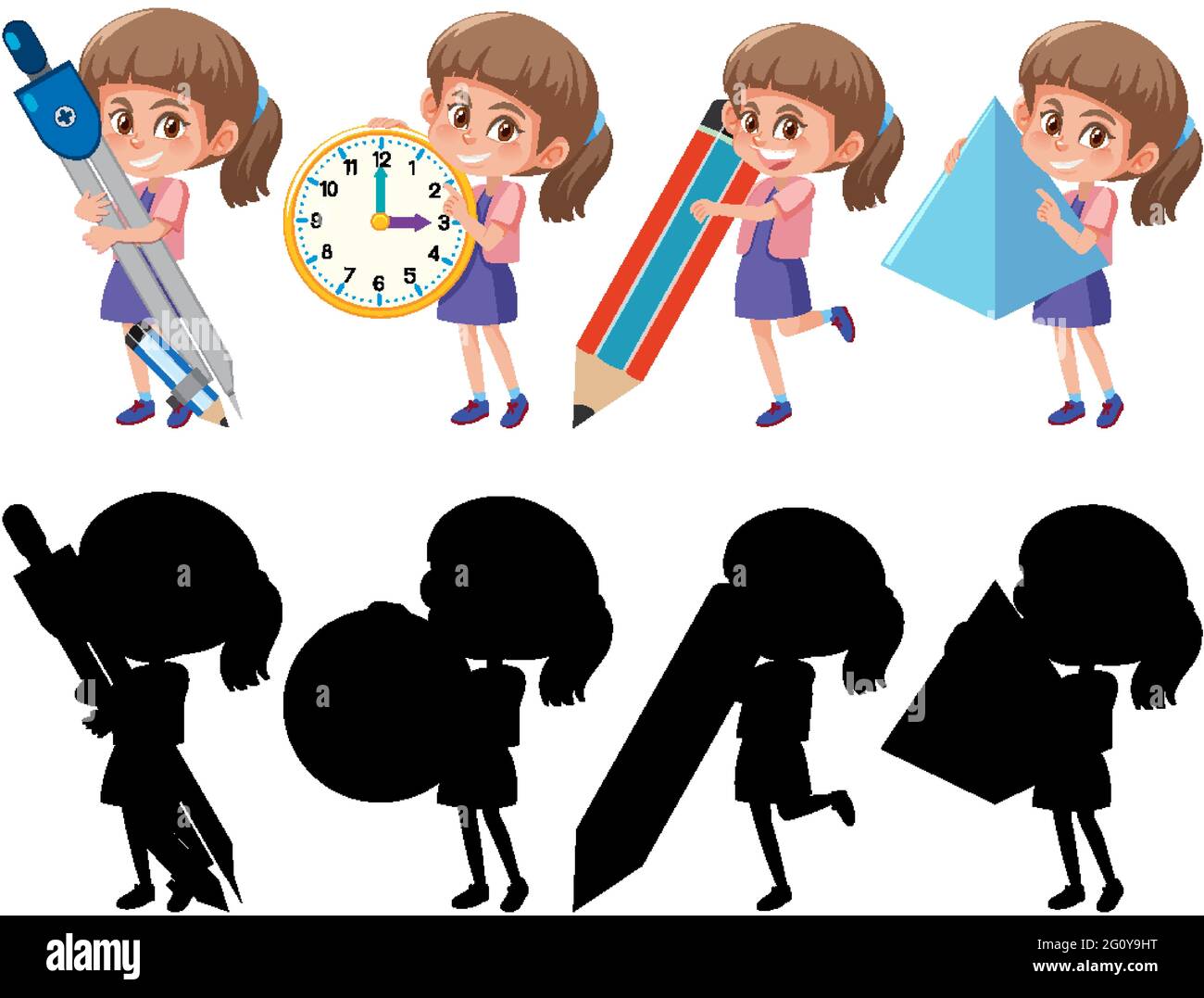 Set of a gir holding different math tools with silhouette illustration ...