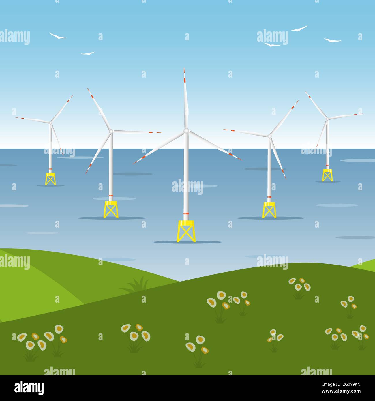 Wind farm offshore. Seascape with offshore wind generators. Flat vector ...