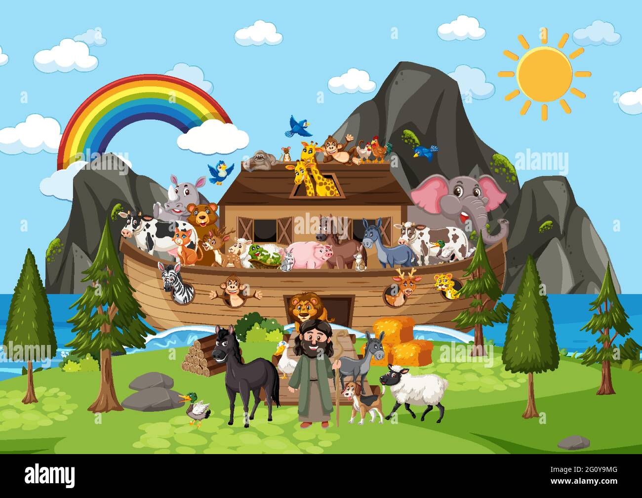 Outdoor nature scene with Noah's Ark with Animals illustration Stock Vector Image & Art - Alamy