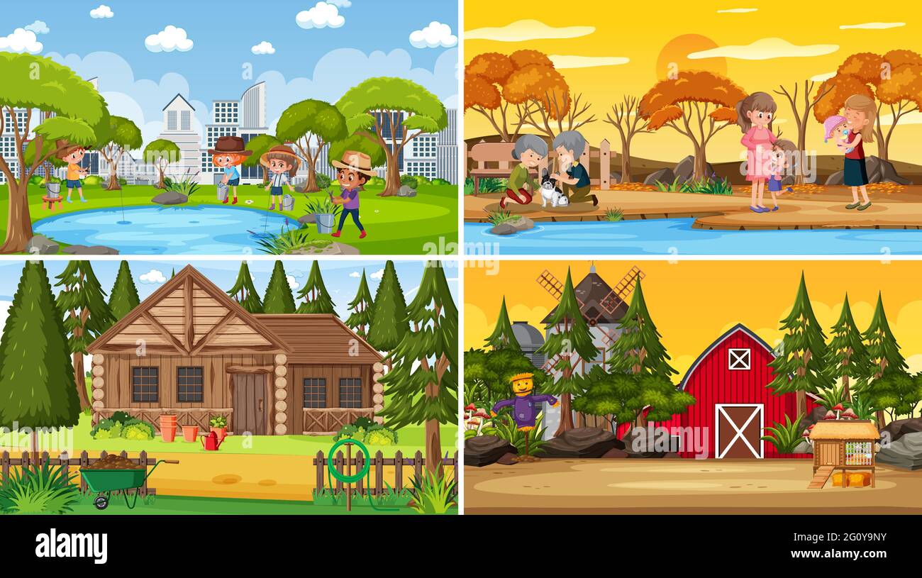 Set of different nature scenes cartoon style illustration Stock Vector ...