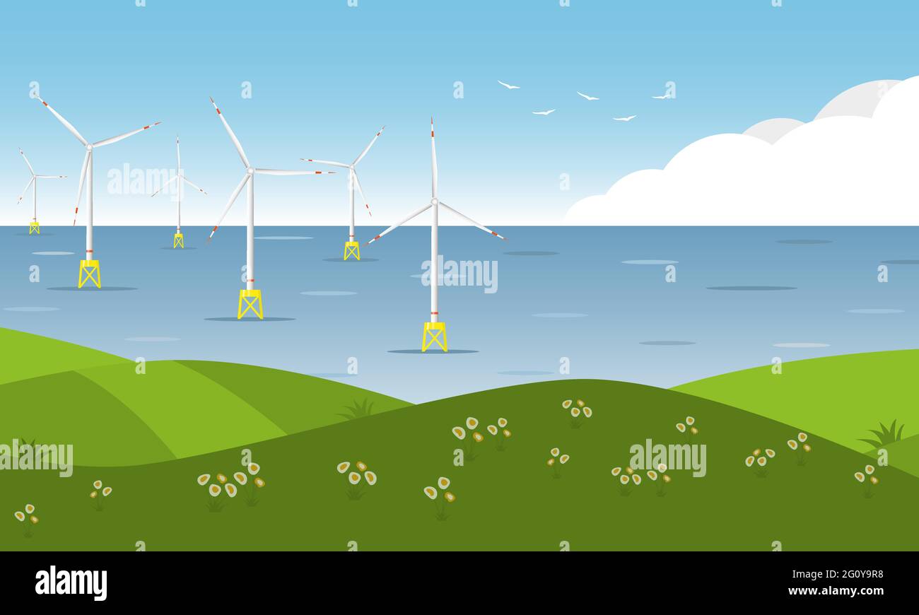 Wind farm offshore. Seascape with offshore wind generators. Horizontal ...