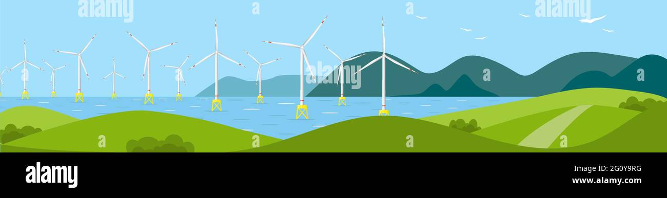 Seascape with offshore wind generators. Offshore wind farm. Sea wind ...