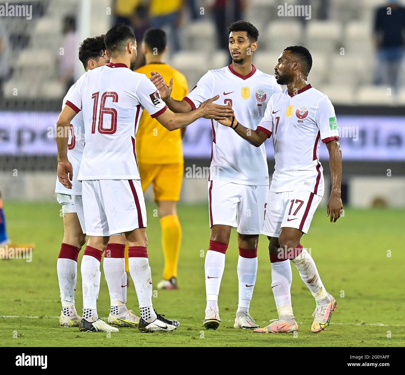 Doha, Capital of Qatar. 3rd June, 2021. Players of Qatar react after ...