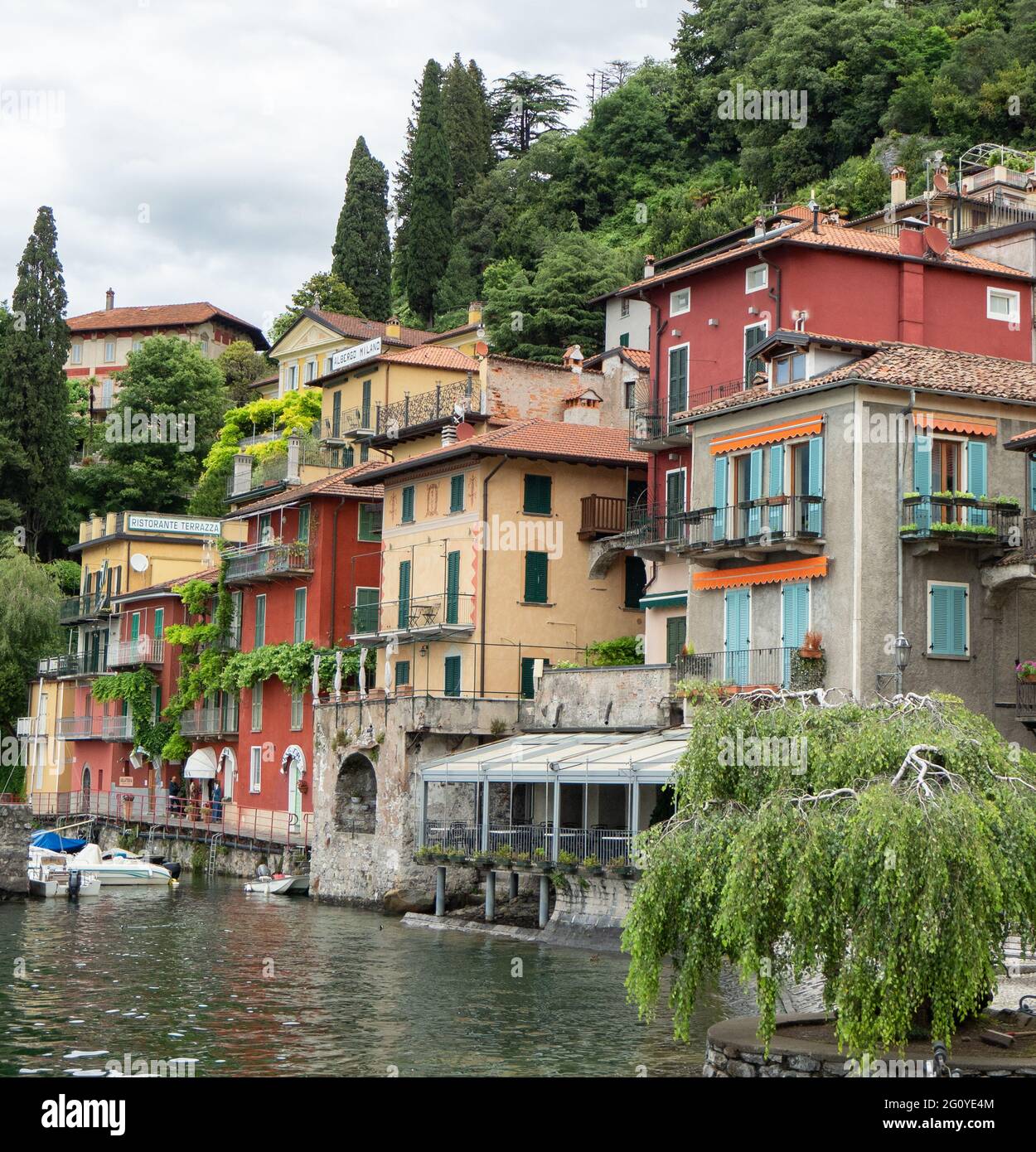 Historic buildings at the waterfront of Lago di Como in Varenna, Italy ...