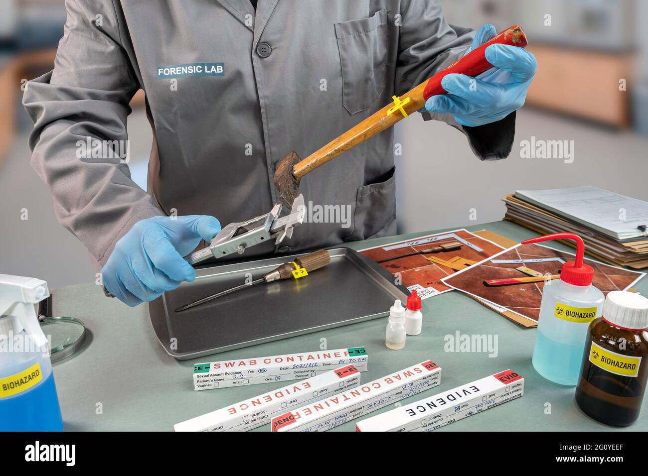 Forensic police performs measurements of a hammer crime lab, conceptual ...