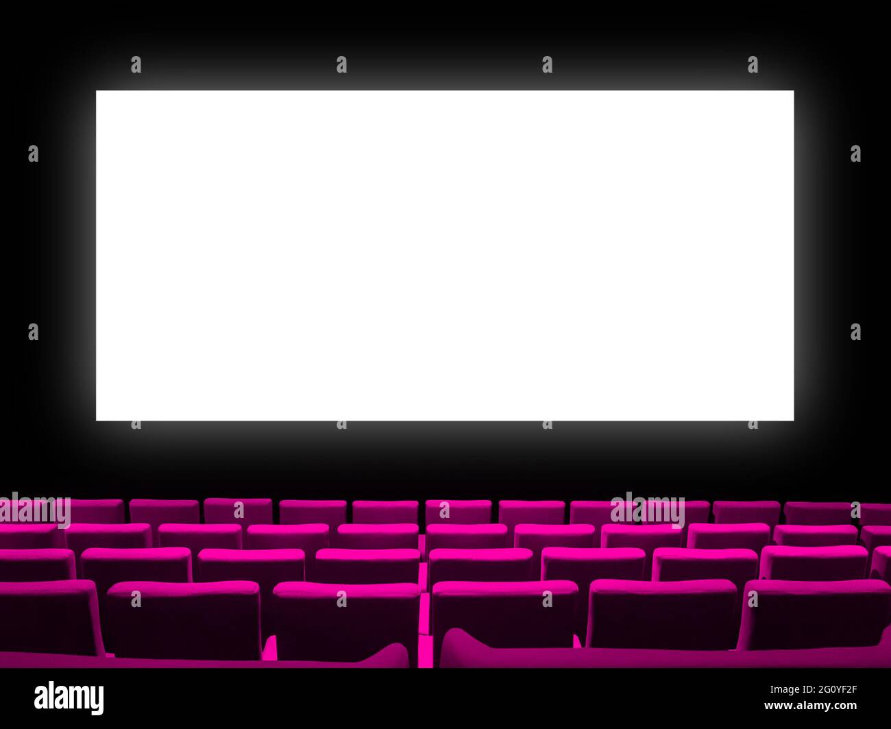Cinema movie theatre with pink velvet seats and a blank white screen ...