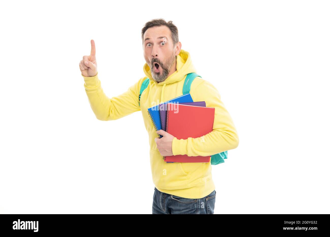 surprised man inspired with idea carry backpack hold notepad for ...