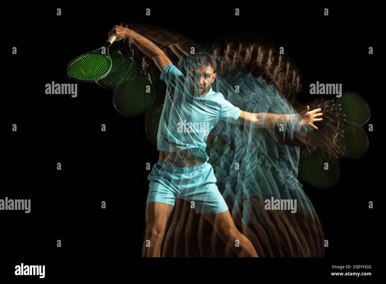 One man, professional tennis player isolated on black background in ...