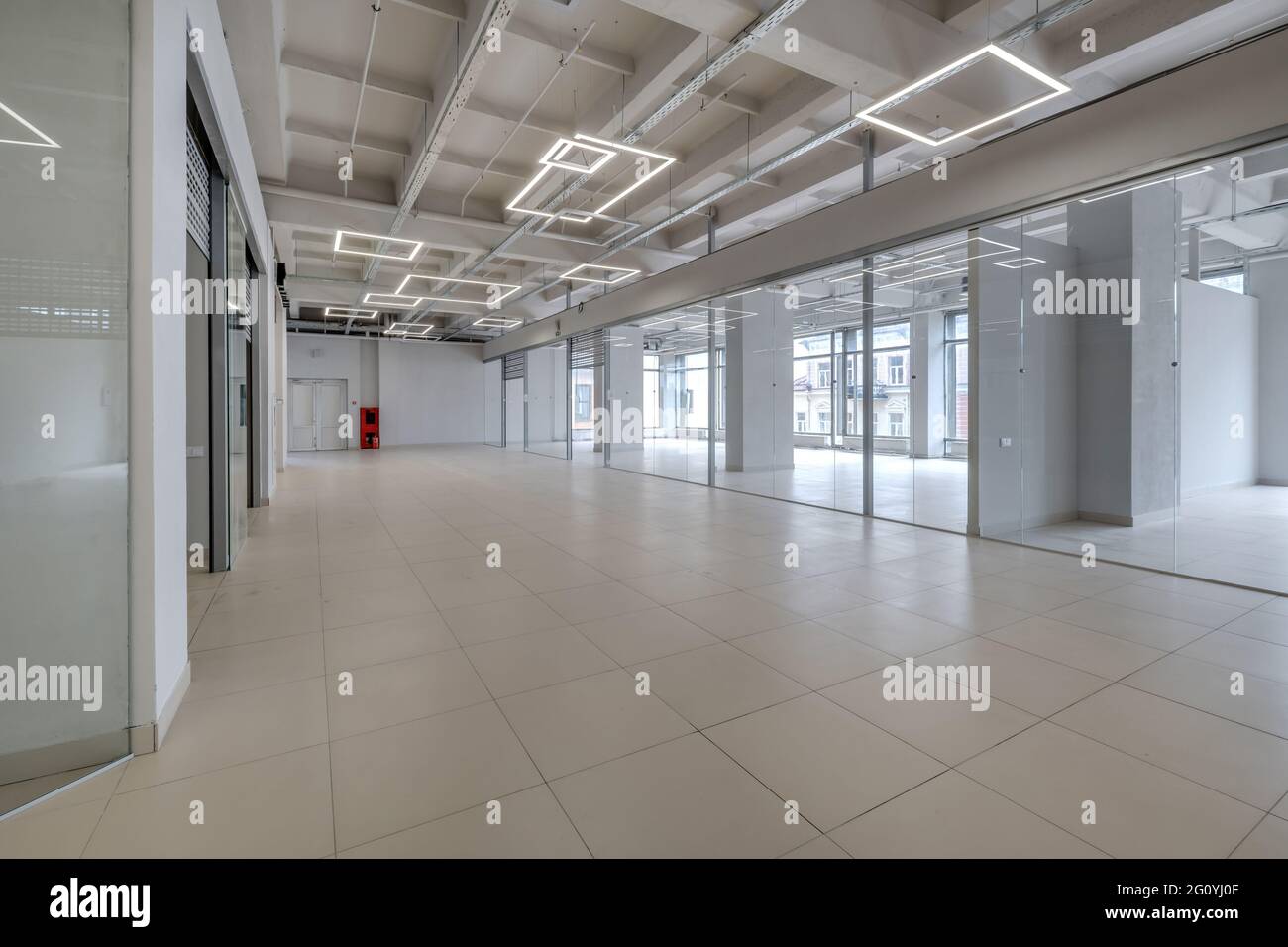 Modern white empty room interior with columns and panoramic windows ...