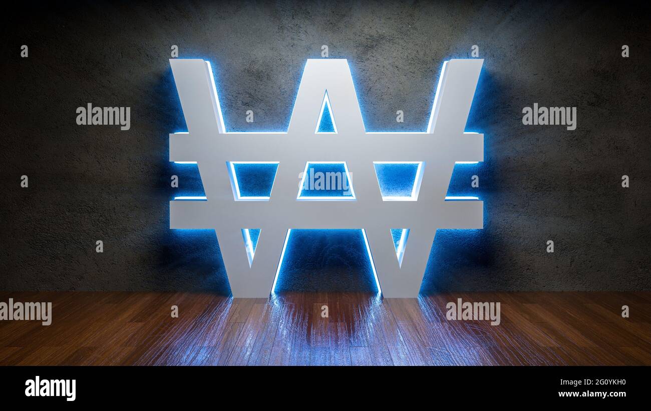 Symbol of South Korean won glowing in empty concrete room as currency sign，3D Rendering Stock ...