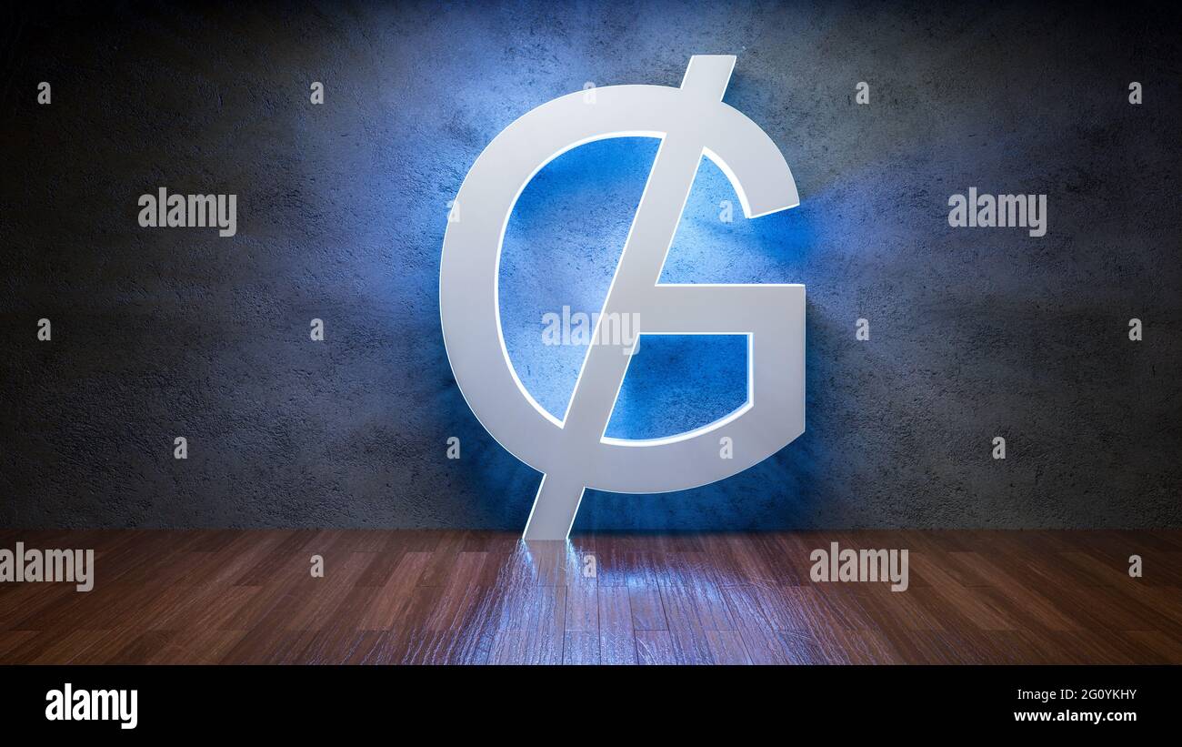 Symbol of Paraguayan guaraní glowing in empty concrete room as currency ...