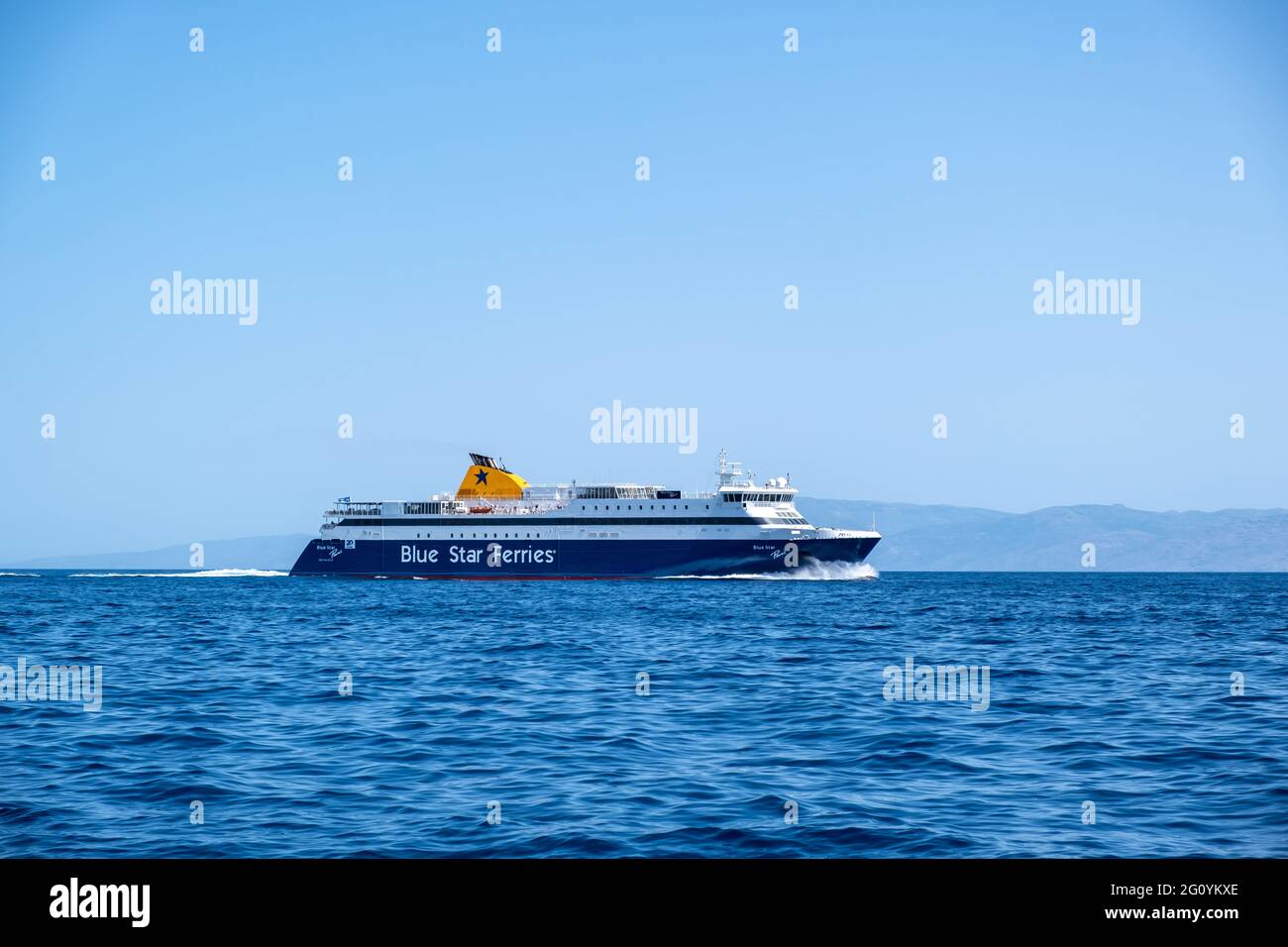 Kythnos island, Cyclades, Greece. May 27, 2021. Ferryboat in endless ...