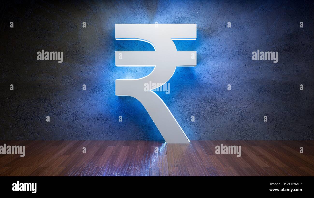 Symbol of Indian rupee glowing in empty concrete room as currency sign ...