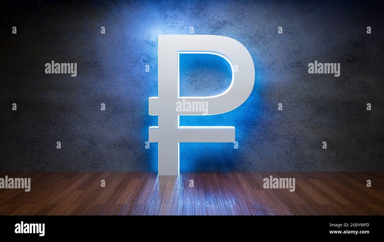 Symbol of Russian ruble glowing in empty concrete room as currency sign ...