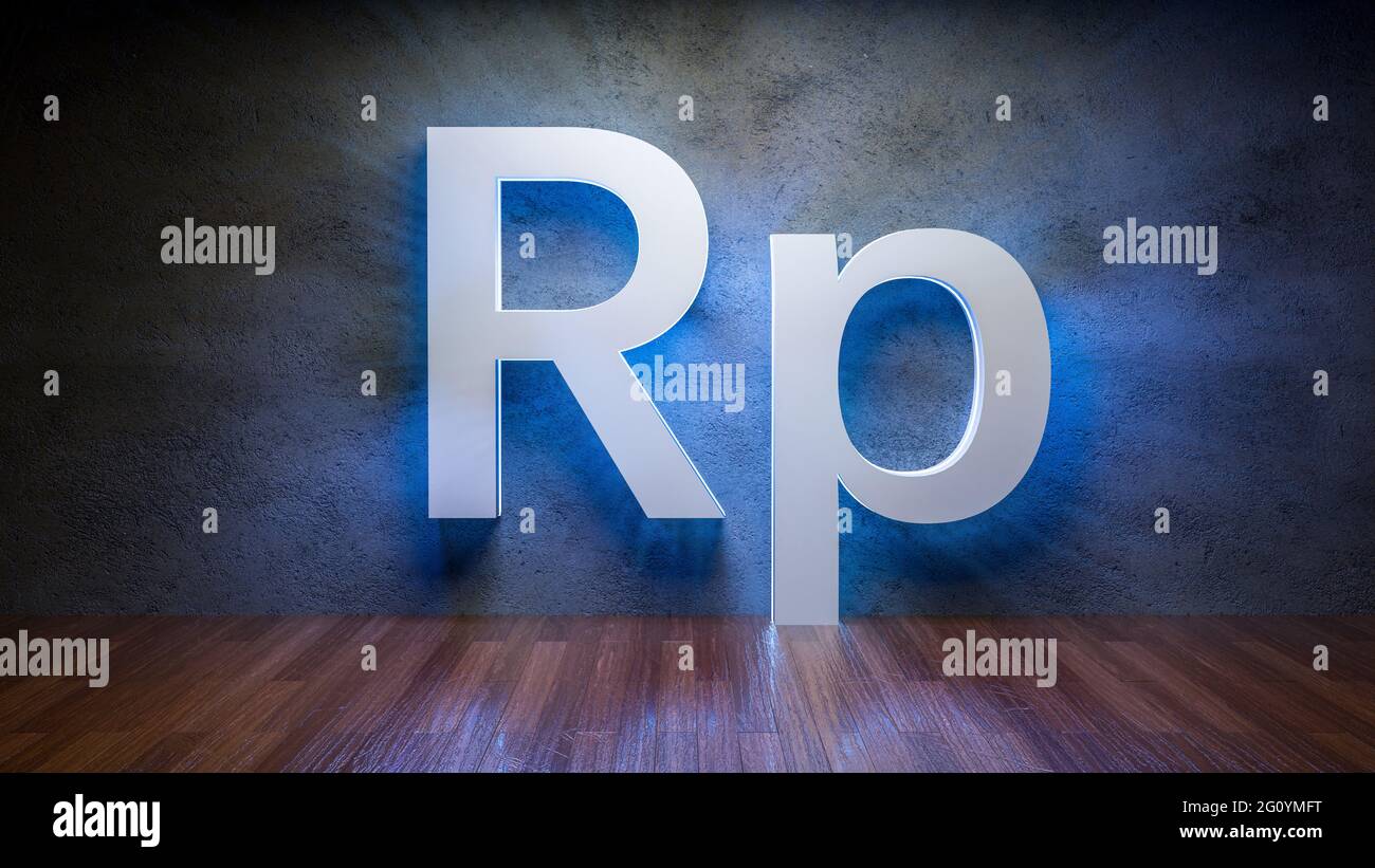 Symbol of Indonesian Rupiah glowing in empty concrete room as currency ...