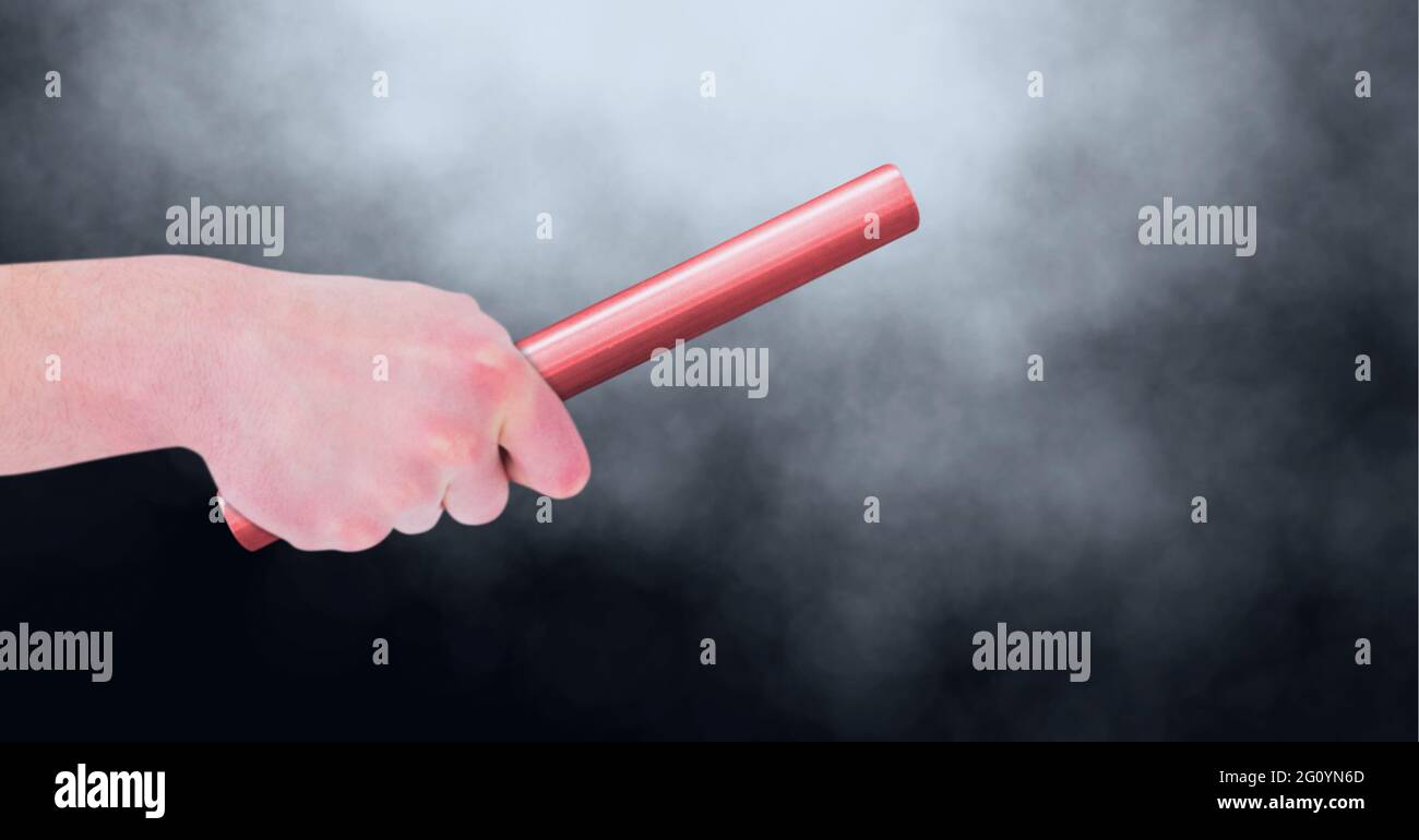 Composition of caucasian male runner holding baton on black background ...