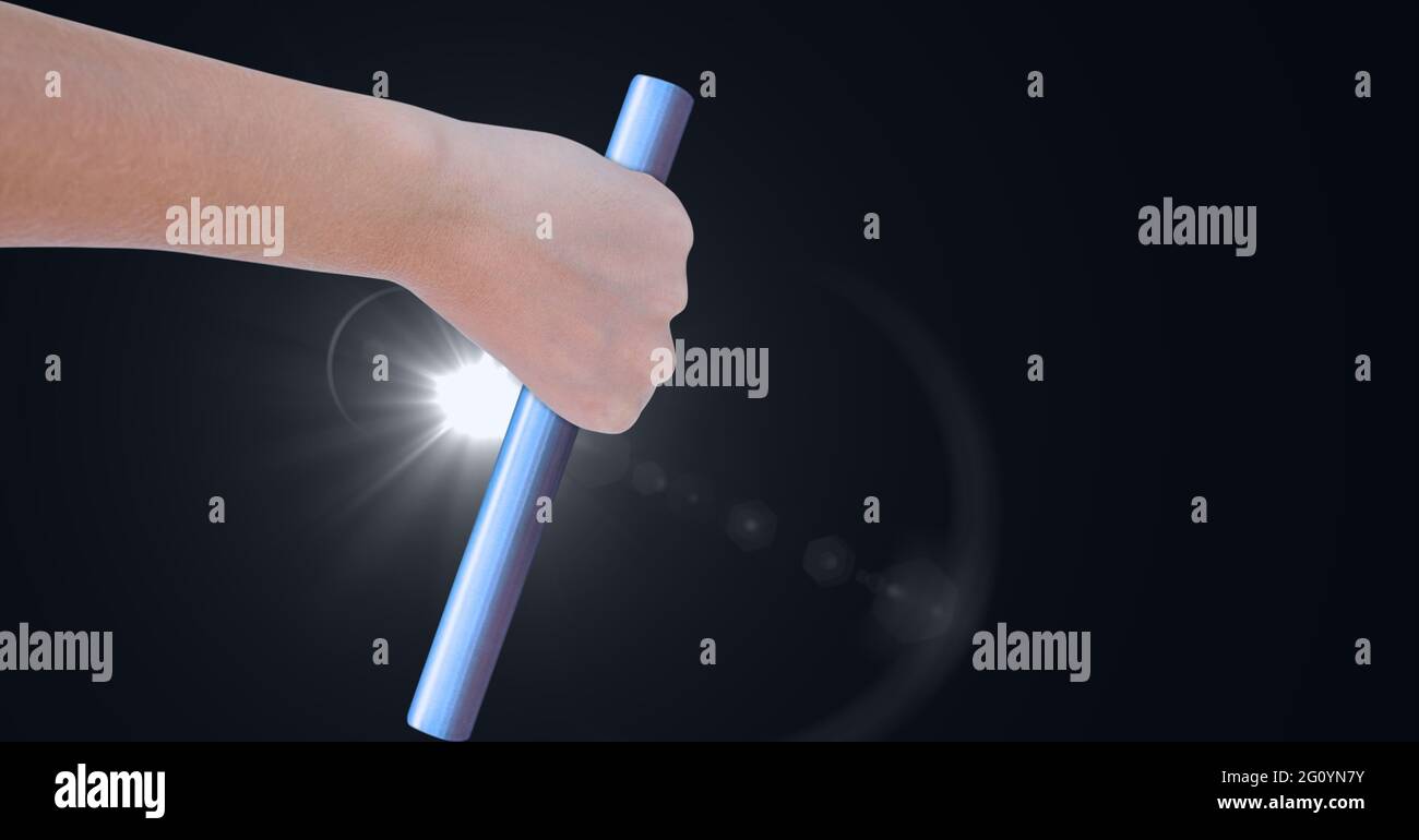 Composition of caucasian male runner holding baton on black background ...