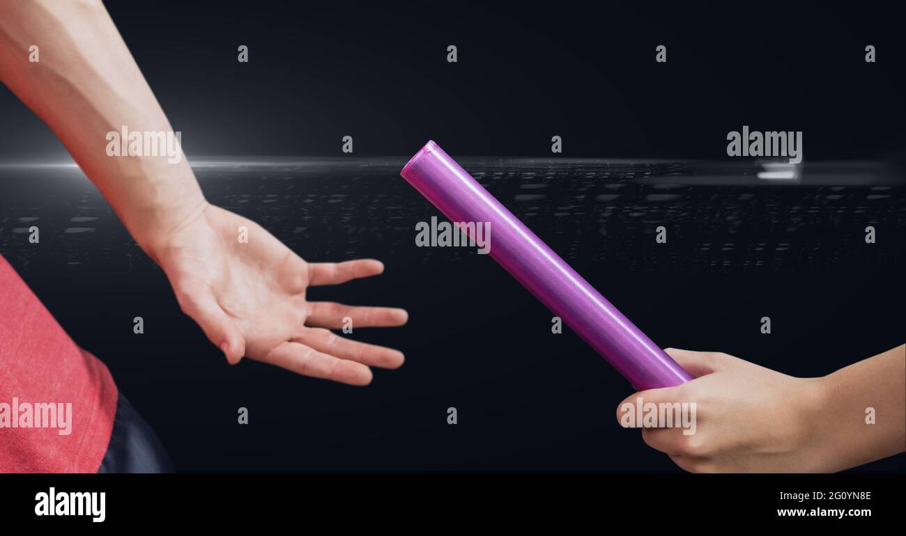 Composition of caucasian male runner passing baton to his teammate on ...