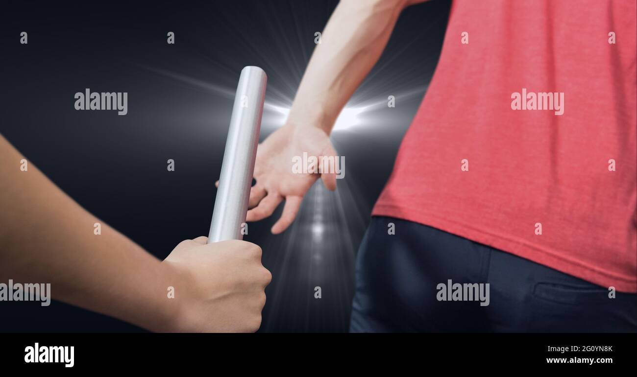 Composition of caucasian male runner passing baton to his teammate on ...