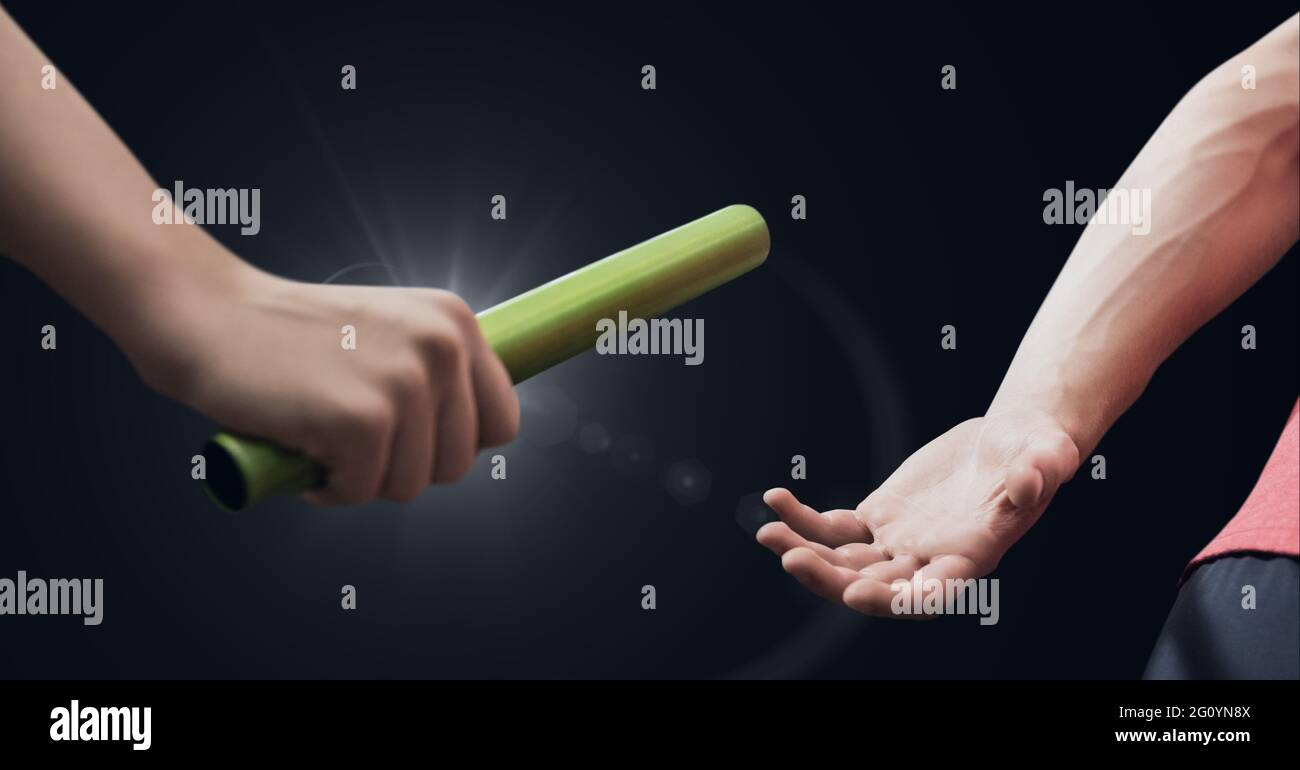 Composition of caucasian male runner passing baton to his teammate on ...